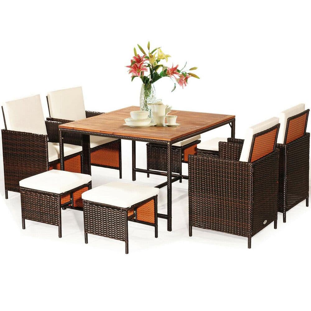 ANGELES HOME Brown 9-Piece PE Rattan Wicker Outdoor Dining Set with ...