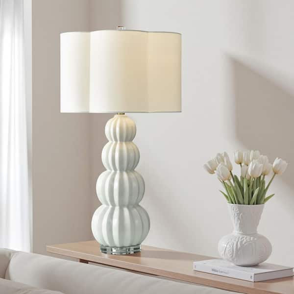 StyleCraft Ophelia 33 in. Glossy White Table Lamp with White Linen ...