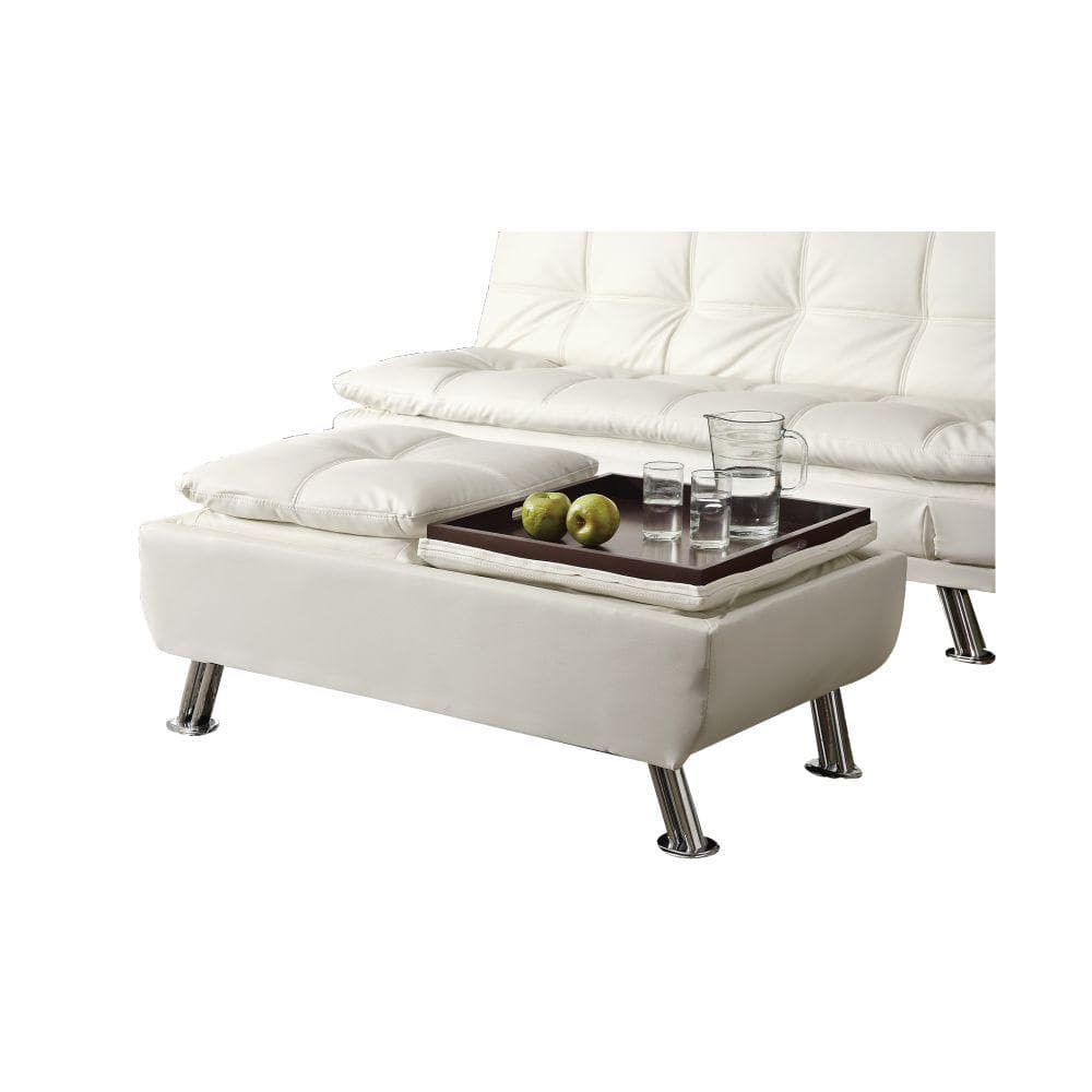 Benjara Faux Leather White Ottoman with Reversible Tray Tops 23.5 in. L ...