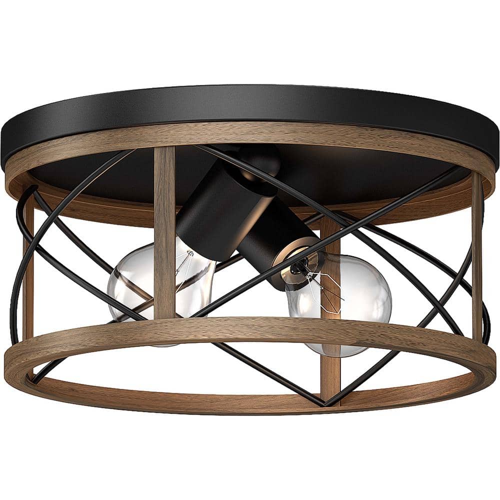 Volume Lighting 11 in. 2-Light Walnut and Black Caged Steel Flush Mount ...