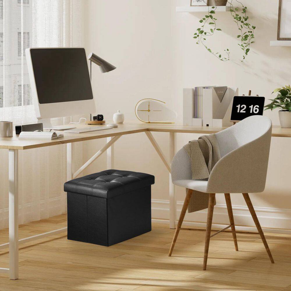 Black Faux Leather Square Folding Storage Ottoman Pouf with Padded Seat ...