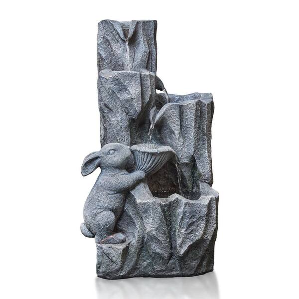 vbal 23 in. Polyresin Tiered Rock Rabbit Statue Fountain with LED ...