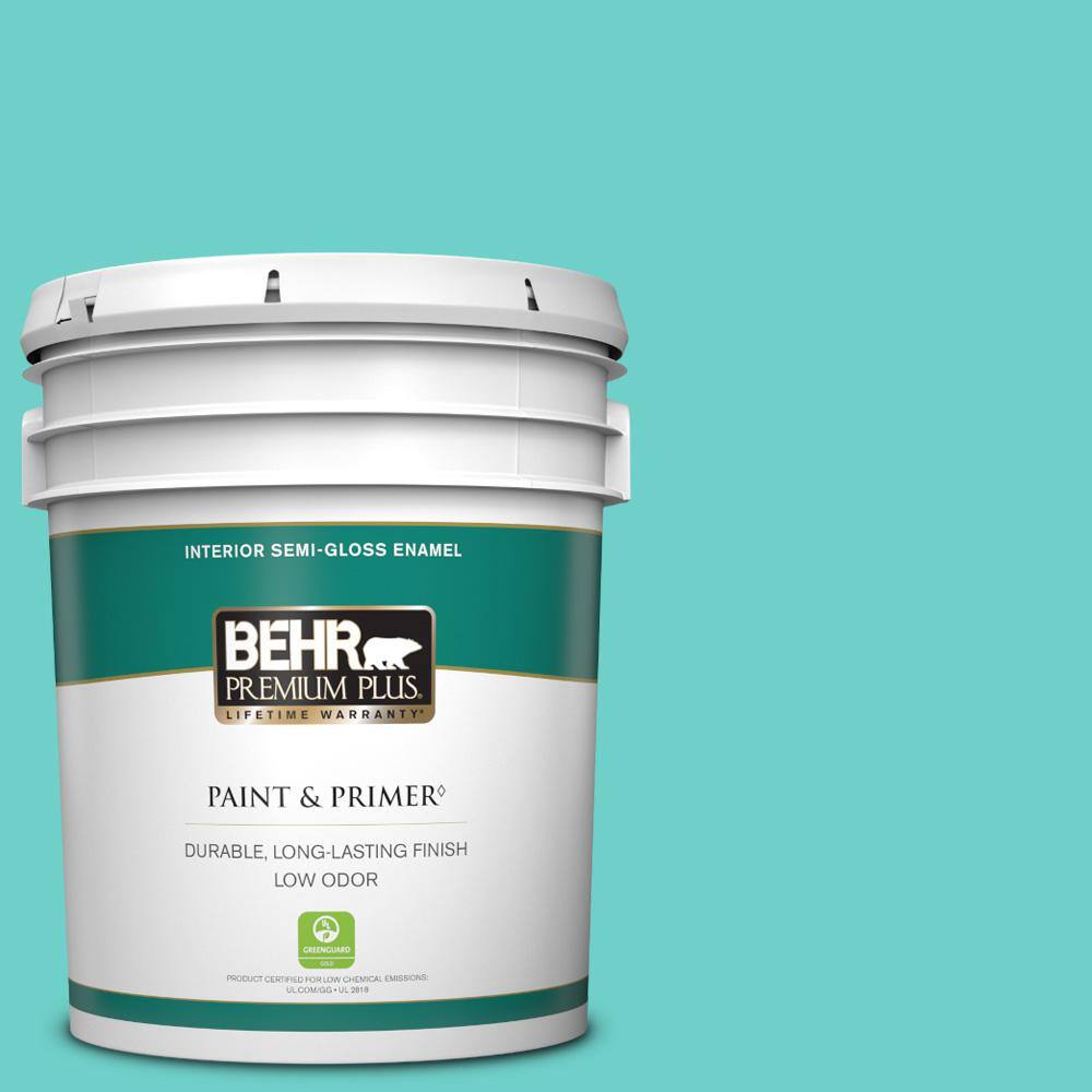 BEHR PREMIUM PLUS 5 gal. #P450-4 Hidden Sea Glass Semi-Gloss Enamel Low ...