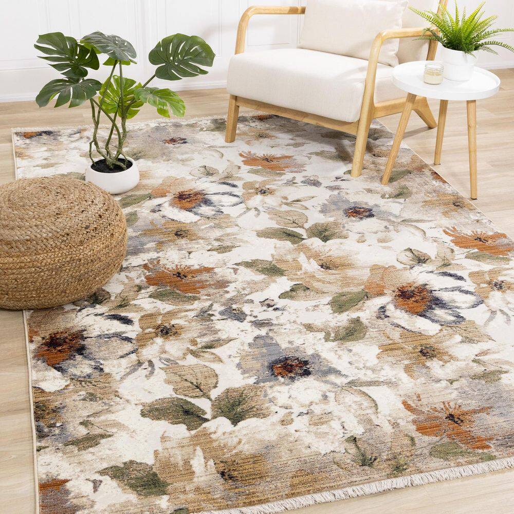 Rug Branch Solvyn Collections 8 ft. x 10 ft. Beige Botanical Indoor ...