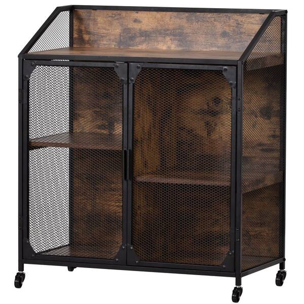 URTR Distressed Brown Buffet Sideboard Cabinet Metal Mesh Double Door ...