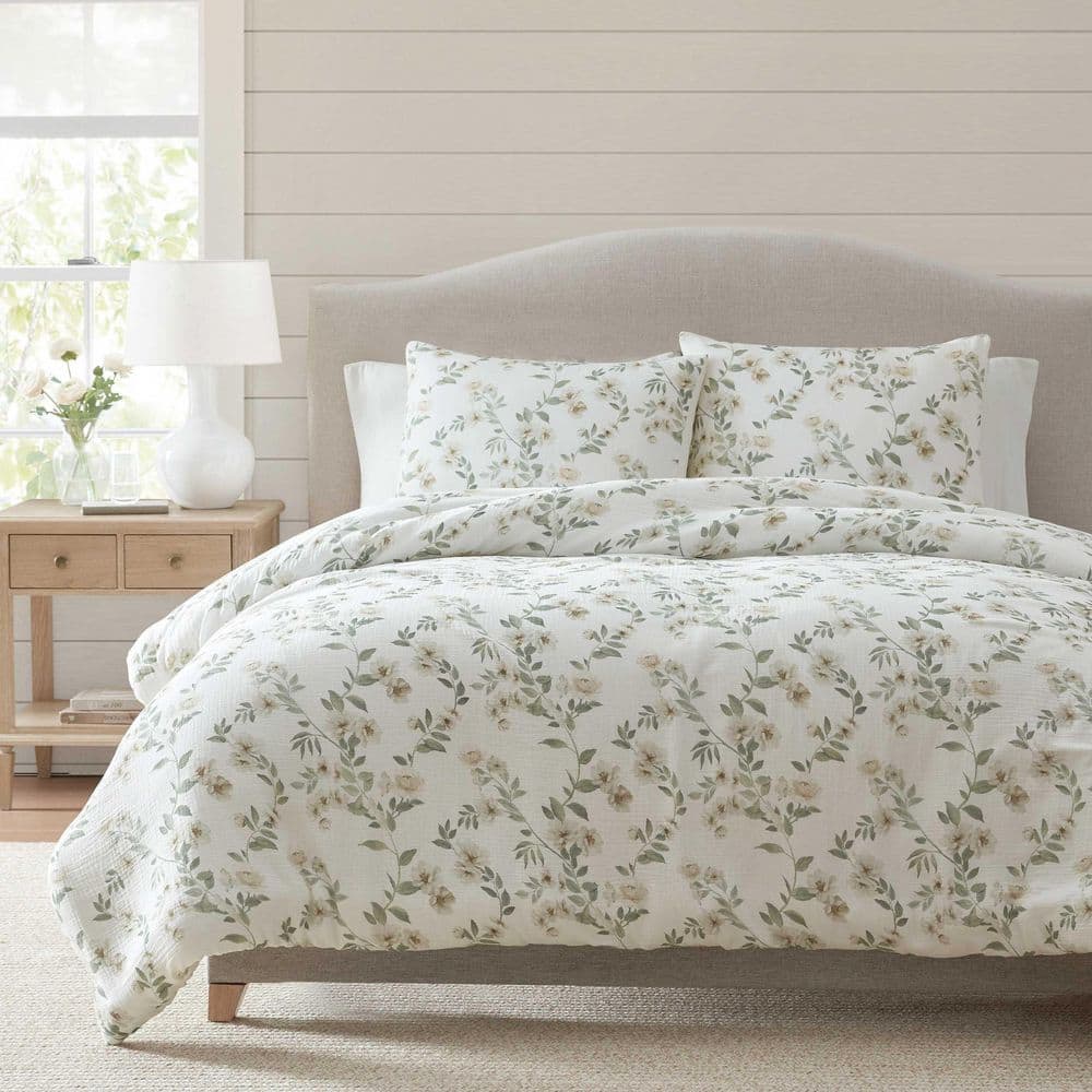 MARTHA STEWART Hazel Floral 3-Piece Alder Beige Cotton Full/Queen Duvet ...