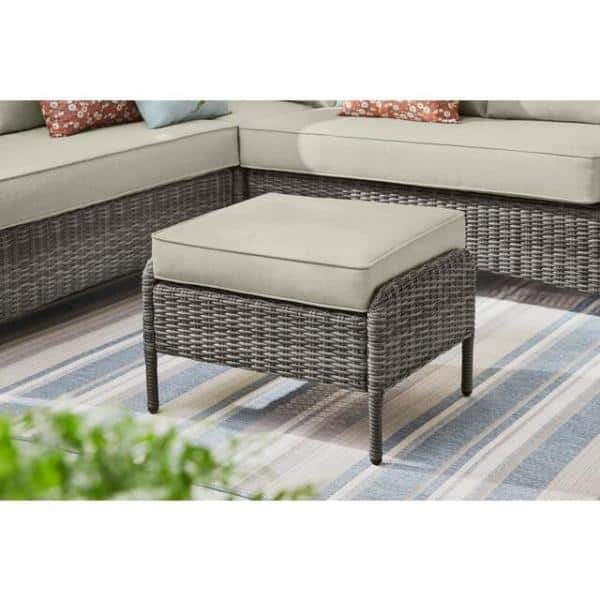 Hampton Bay Chasewood Brown Metal Outdoor Patio Ottoman with CushionGuard Biscuit Cushion BrickSeek