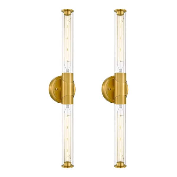 JAZAVA Modern 27 in. 2 Light Brushed Gold Vanity Light with Glass Shade ...