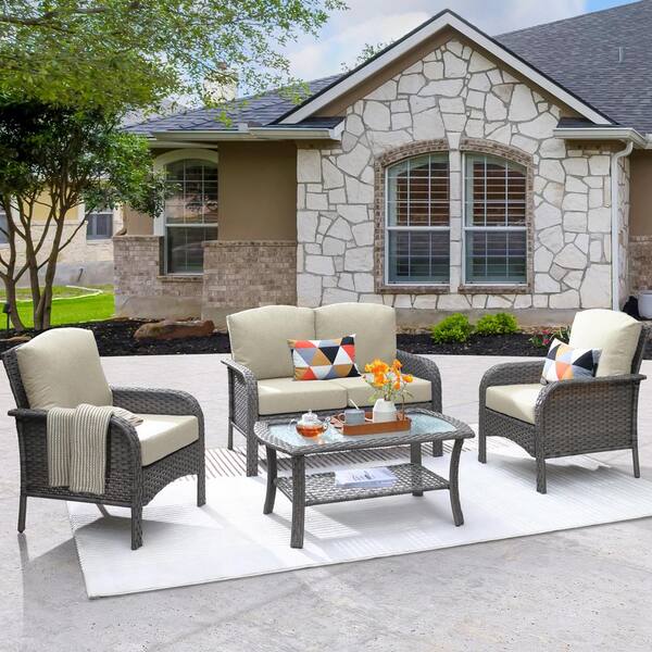 weaxty W Hyacinth Gray 4-Piece Wicker Patio Outdoor Conversation ...