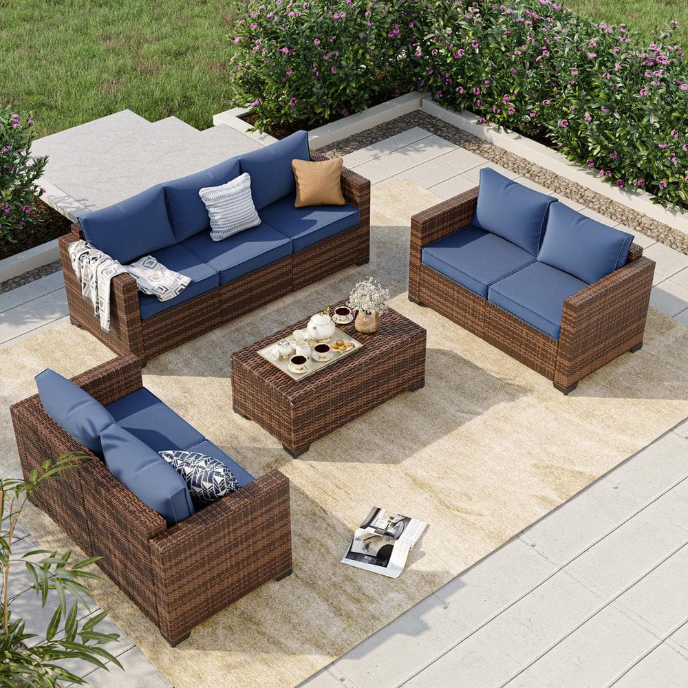 ELPOSUN 4-Piece 7 Seat Wicker Outdoor Patio Conversation Deep Seating Sofa Set with Blue ...