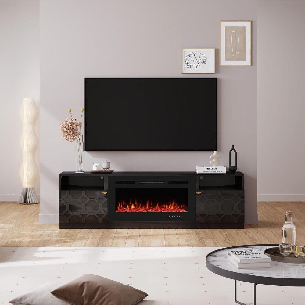 Clihome 70 in. Adjustable Shelf Black TV Stand Fits TVs Up to 80 in ...