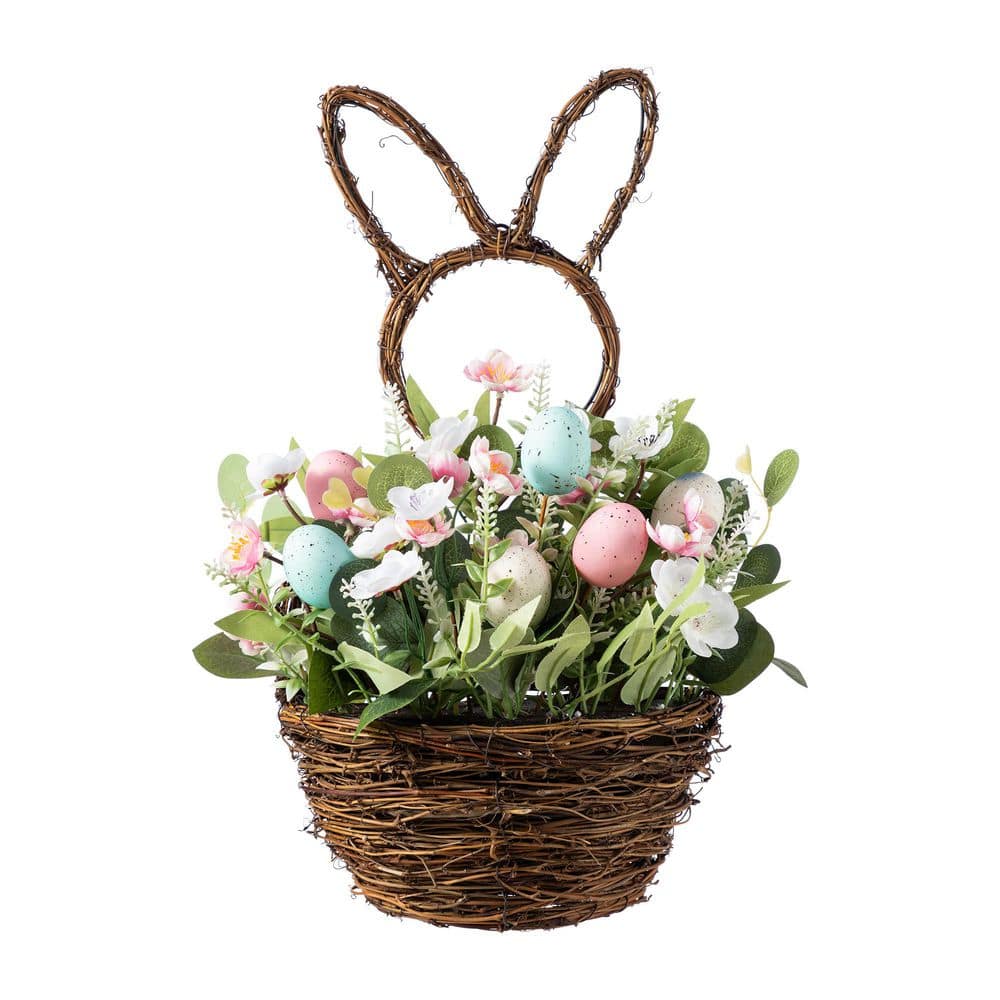 Glitzhome 18 in. H Easter Egg and Flower Bunny Shaped Basket ...