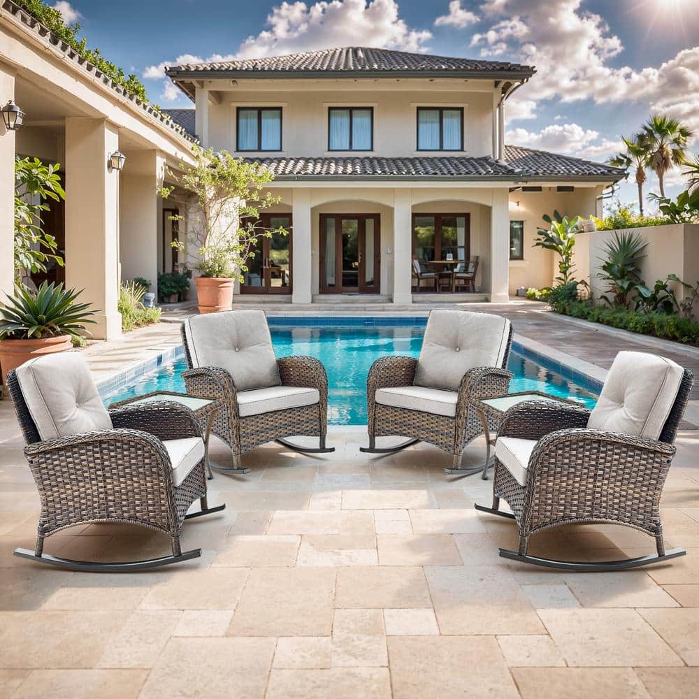 Opohoro Brown 6-Piece Wicker Outdoor Rocking Chairs Patio Conversation ...