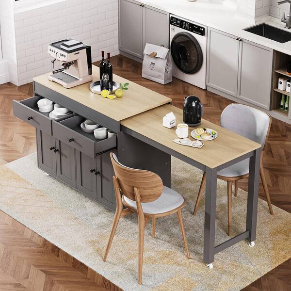 Runesay Oak and Gray Wood 70.5 in. 2 Drawer Rolling Kitchen Island Extendable Dining Table on Wheels with 4 Door and Spice Rack EC KIBK 953