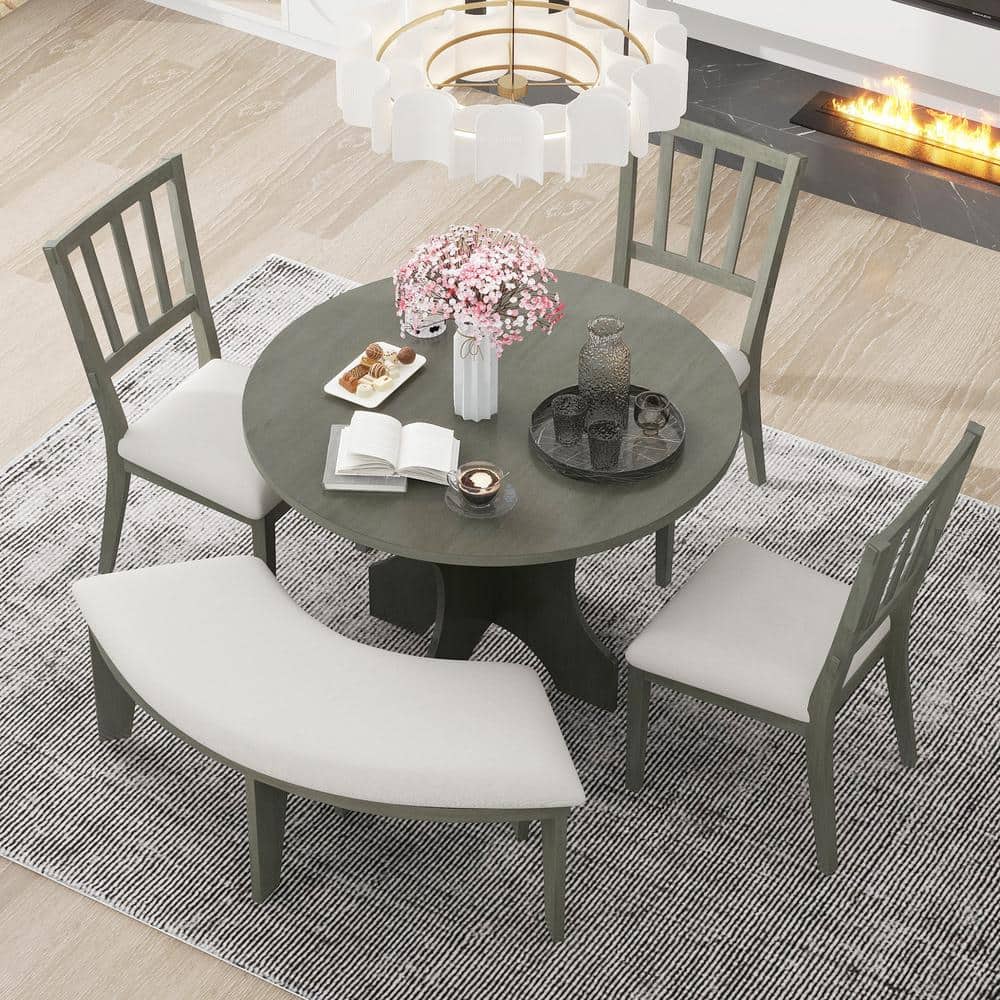 Harper Bright Designs 5 Piece Gray Round MDF Dining Table Set with 3 Upholstered Chairs and Curved Bench