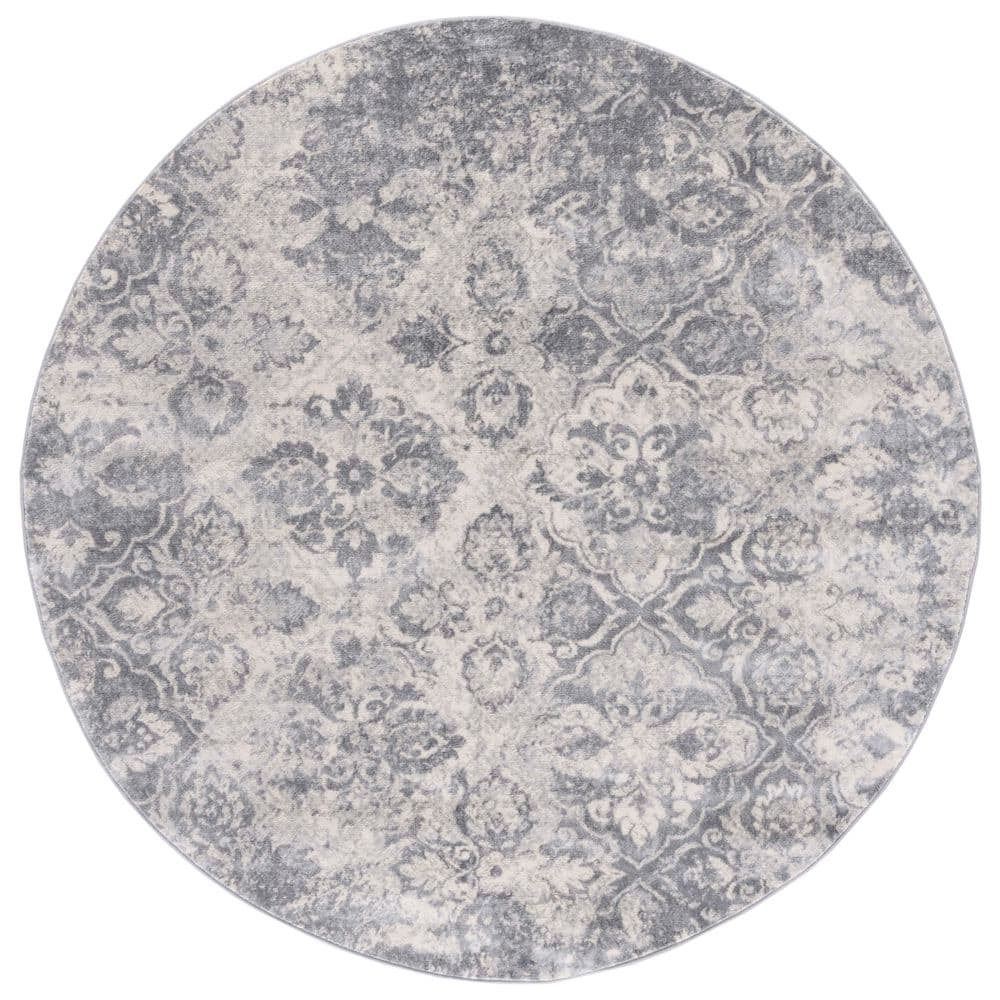SAFAVIEH Brentwood 7 ft. x 7 ft. Gray/Ivory Diamond Floral Distressed Round Area Rug BNT829G-7R ...
