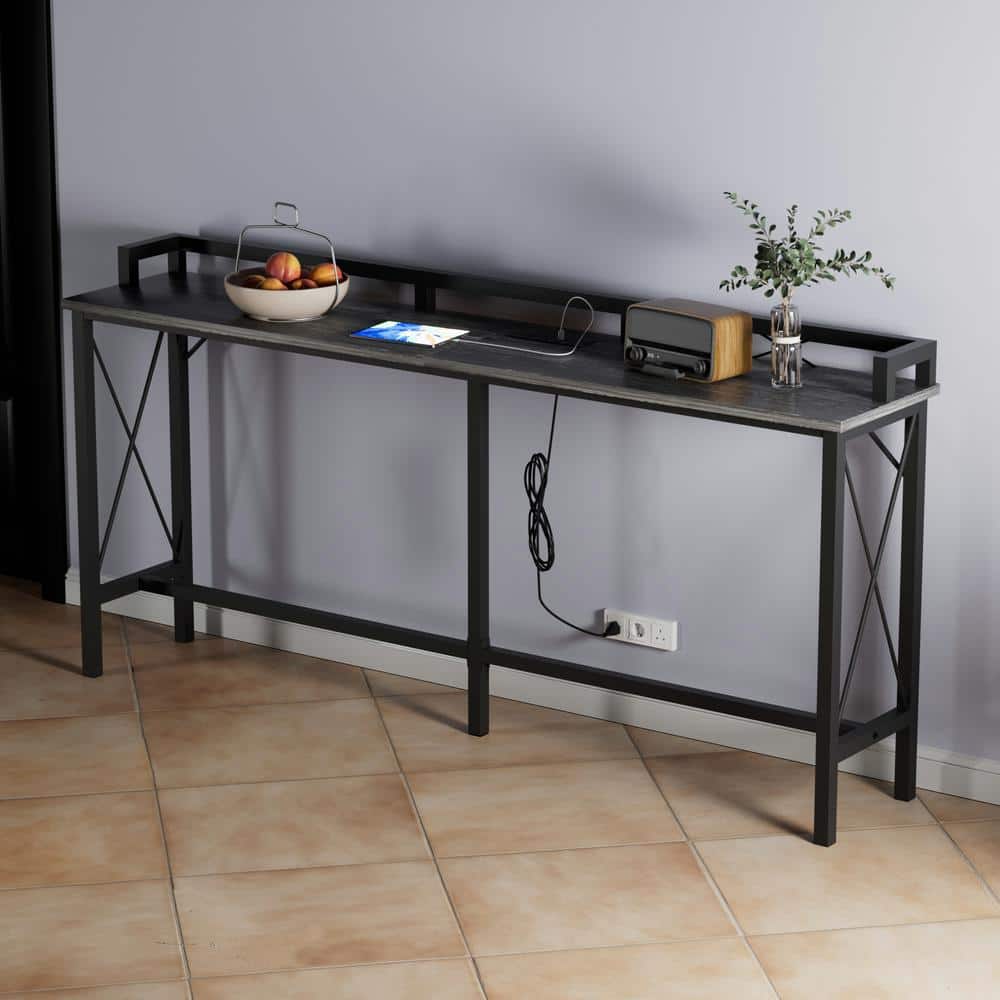 VECELO Narrow Charging Station 70.9 in. Gray Rectangle Wood Console ...