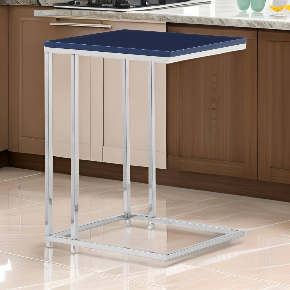 Benjara 15 in. Navy Blue and Chrome Square Wood Top End/Side Table with ...