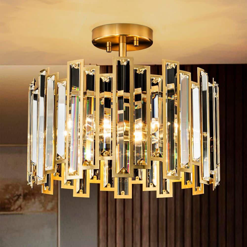 RRTYO Douthit 14 in. 5-Light Modern Gold Cylinder Drum Crystal Semi ...