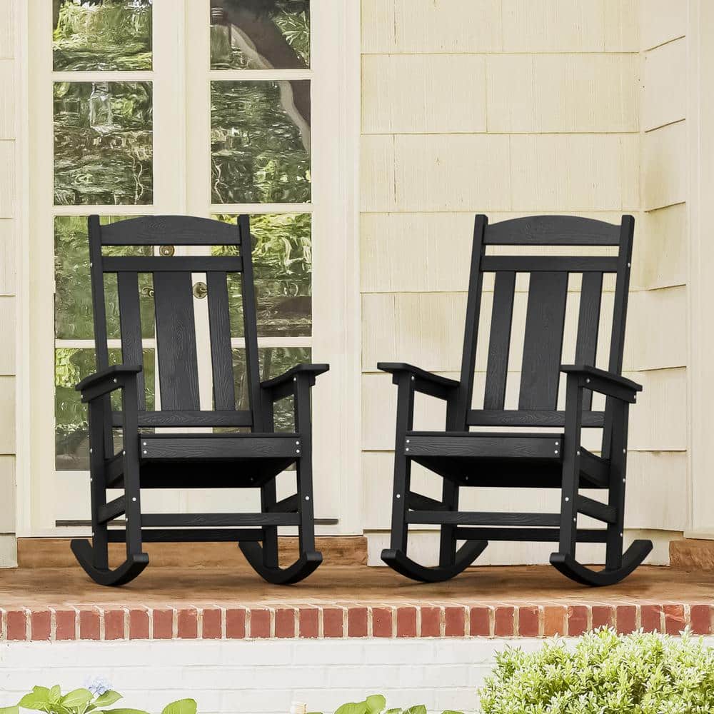 OrangeOne All Weather Resistant Recycled HIPS Plastic Porch Patio Outdoor Rocking Chair For Outdoor Indoor in Black Set of 2 DPTHD23006 21 The Home Depot