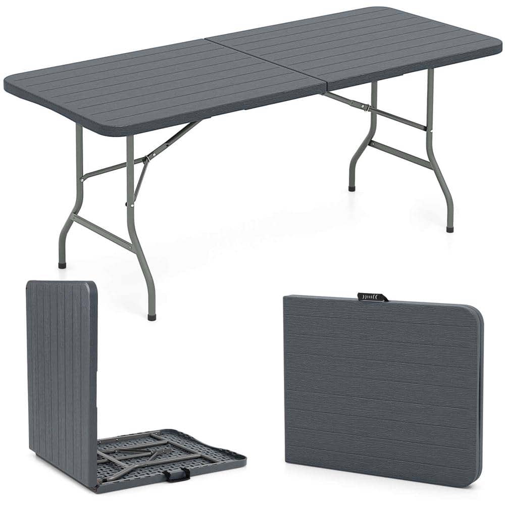Costway 71 in. Gray Iron Rectangle Portable Folding Table with Wood ...