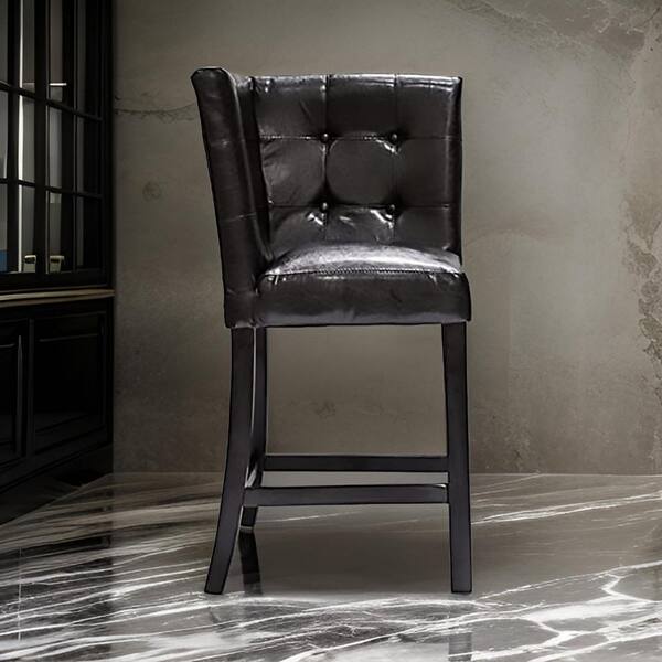 Benjara 35 in. Black Low Back Wood Frame Bar Stool with Faux Leather ...