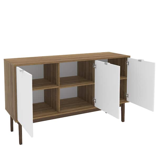 Sienna White and Walnut Wood 54.5 in. W Sideboard with 3 Doors