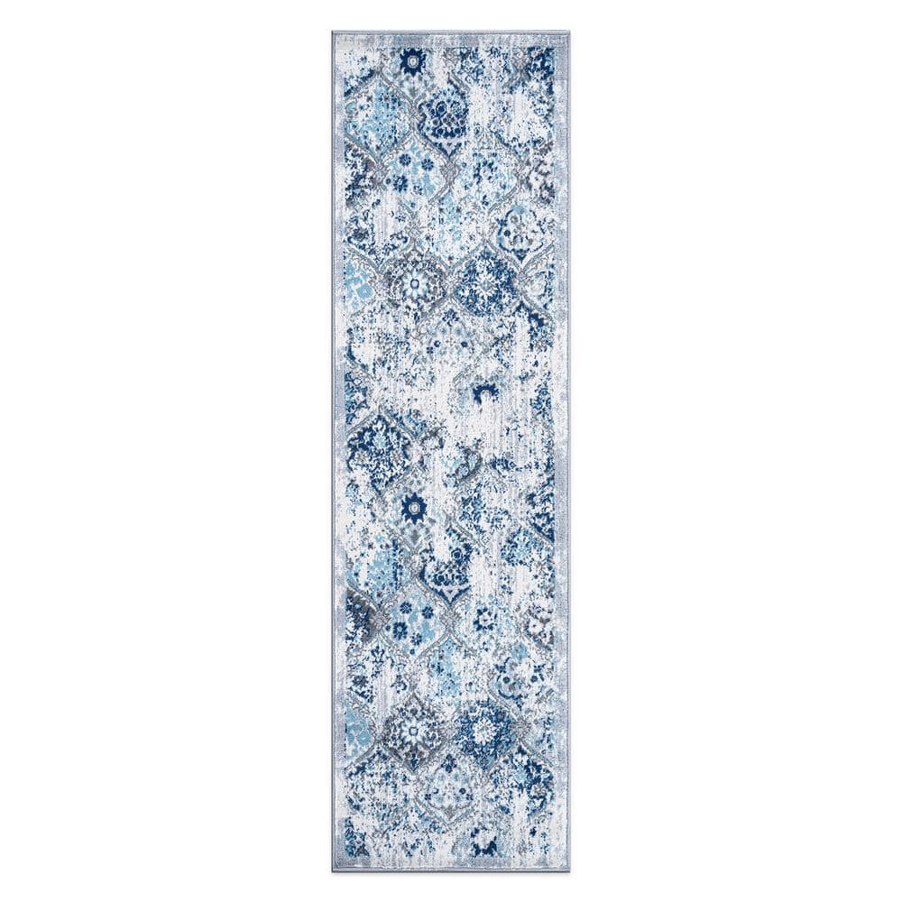 World Rug Gallery Trellis Bordered Moroccan Blue 2 ft. X 7 ft. Runner ...
