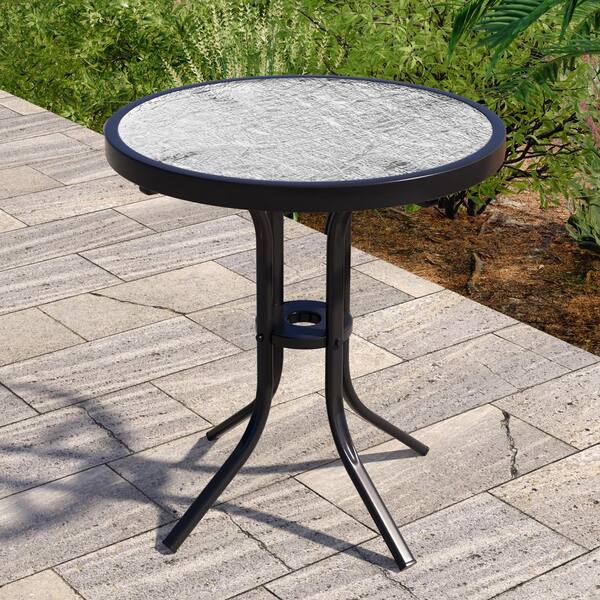 JOYESERY Round Metal Outdoor Side Table with Water Rippled Glass and ...