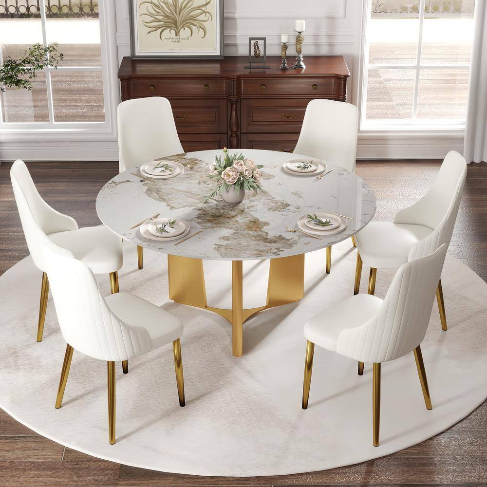 Magic Home 59.05 in. Pandora Sintered Stone Tabletop with Gold Pedestal ...