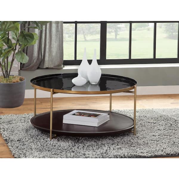 Martin Svensson Home Stevie 36 Enameled Round Metal and Wood Coffee Table Black Cherry and Bronze