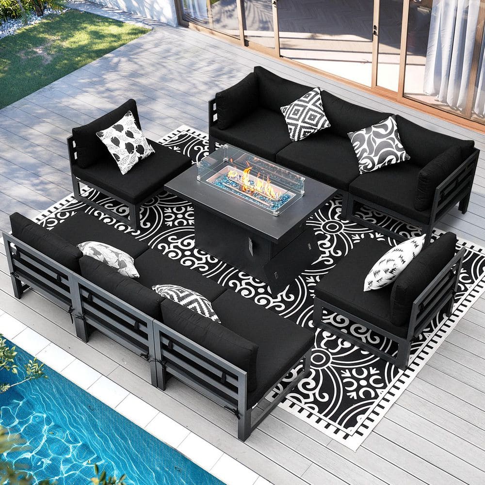 Extra Large Gray 9-Piece Aluminum Patio Fire Pit Conversation Set Deep ...