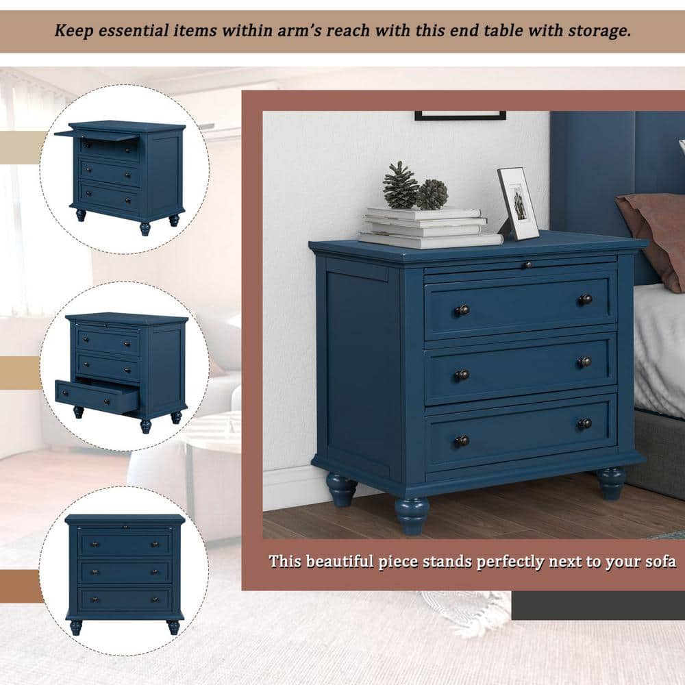 JASMODER 3-Drawer Blue Nightstand (28.1 in x 28 in x 16.9 in ...