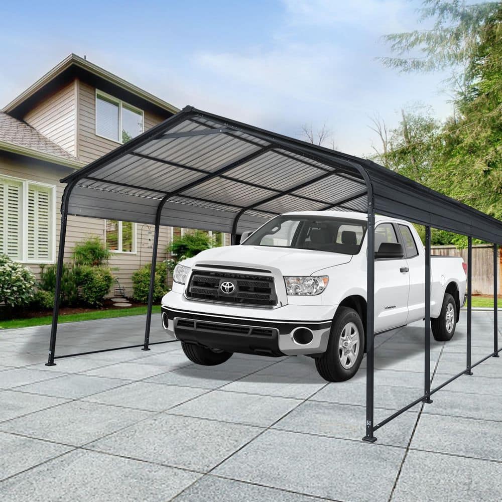 12 ft. W x 20 ft. D Heavy Duty Metal Carport Garage, All Weather Outdoor Galvanized Car Shelter ...