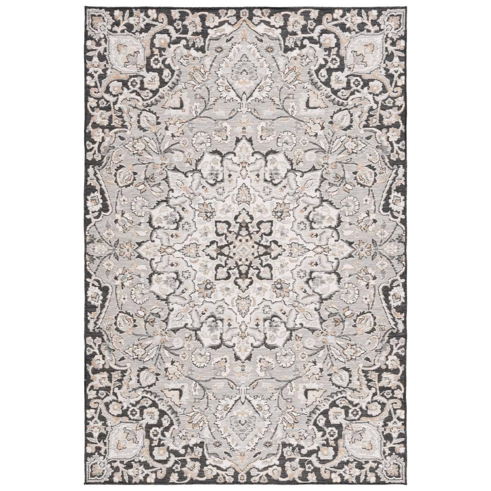 SAFAVIEH Sunrise Gray/Beige Black 5 ft. x 8 ft. Floral Medallion ...