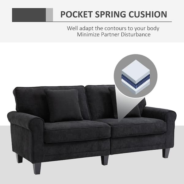 HOMCOM 77.5 in. Black Polyester 3 Seat Sofa with Rolled Arms and Wood Legs 833 906V80BK The Home Depot