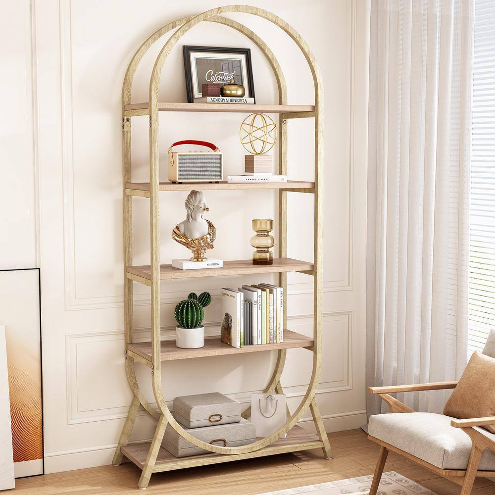 BYBLIGHT Eulas 70.8 in. Tall Oak Wood 5-Shelf Modern Bookcase for Living Room BB-2P-XK00720JM ...