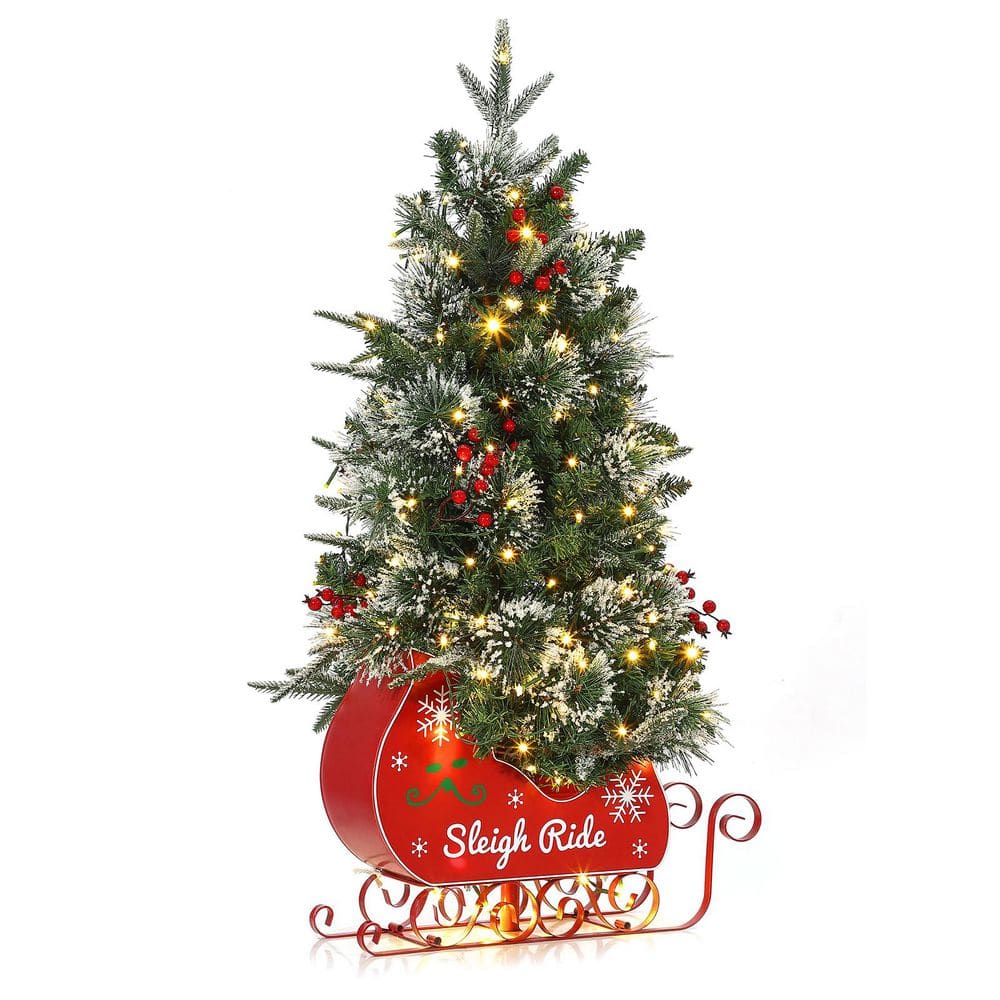 3 ft. Pre-Lit Artificial Christmas Tree 78 Lights Faux Mini Christmas Tree with 8 Mode, Red ...