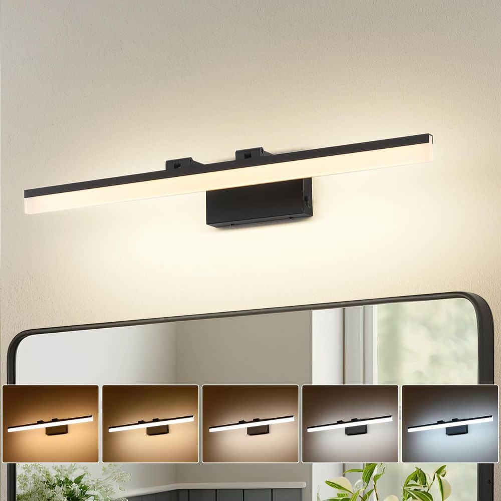 JUSHENG 31.5 in. 1-Light Black Dimmable LED Vanity Light Bar with 5-CCT ...