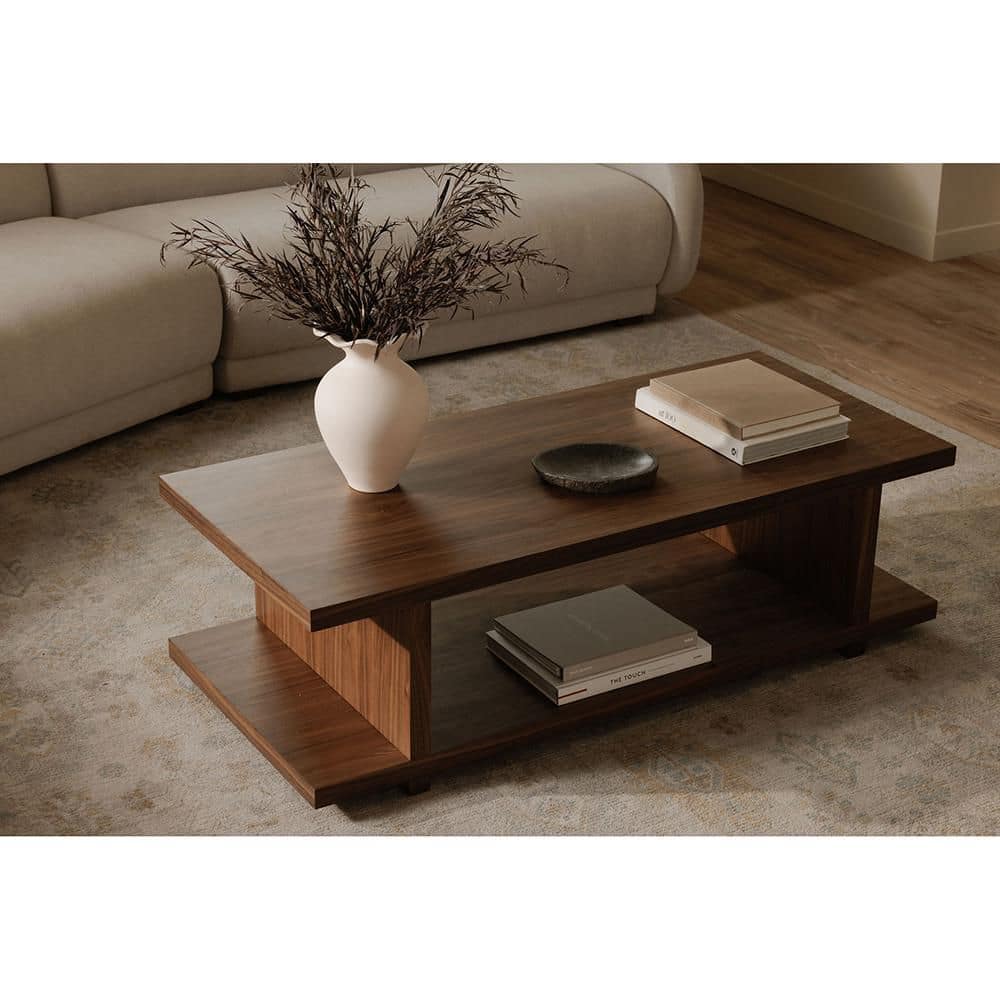 NADAAL STUDIOS Soleil 54 in. Brown Rectangle Walnut Veneer Over MDF Coffee Table with Open-Shelf ...