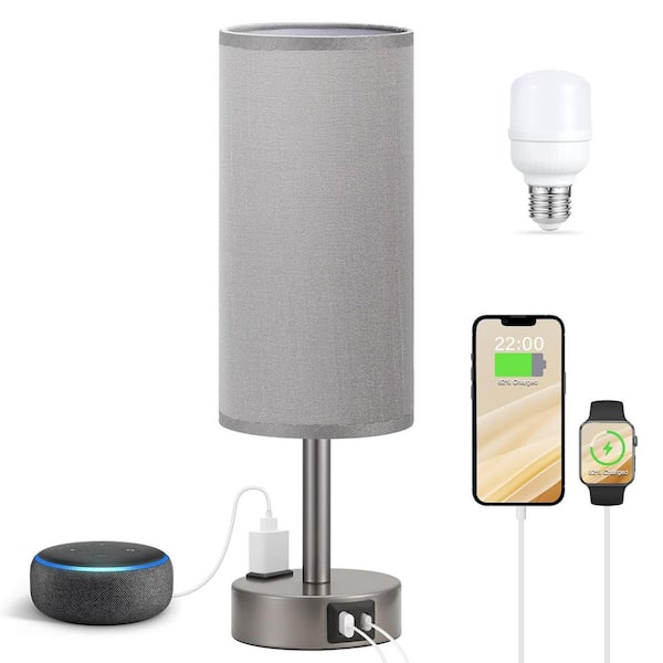 14 in. Gray Lantern Table Lamp for Bedroom with USB C A Charging Ports ...