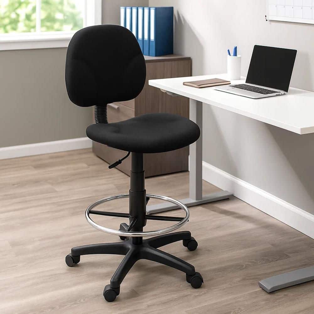 Benjara Zem Fabric Contoured Back Ergonomic Office Stool in Black and ...