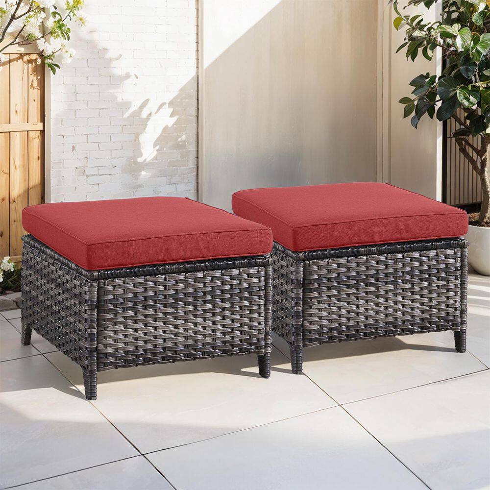 Bellefurn WellCane 2-Piece Gray Wicker Outdoor Ottoman Patio Footstool ...