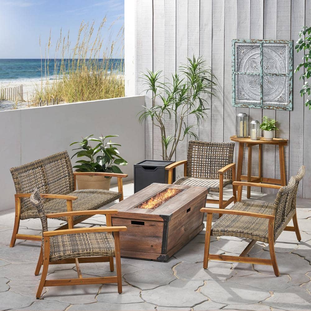 Noble House Hampton Natural Stained 5-Piece Wood Outdoor Patio Fire Pit ...