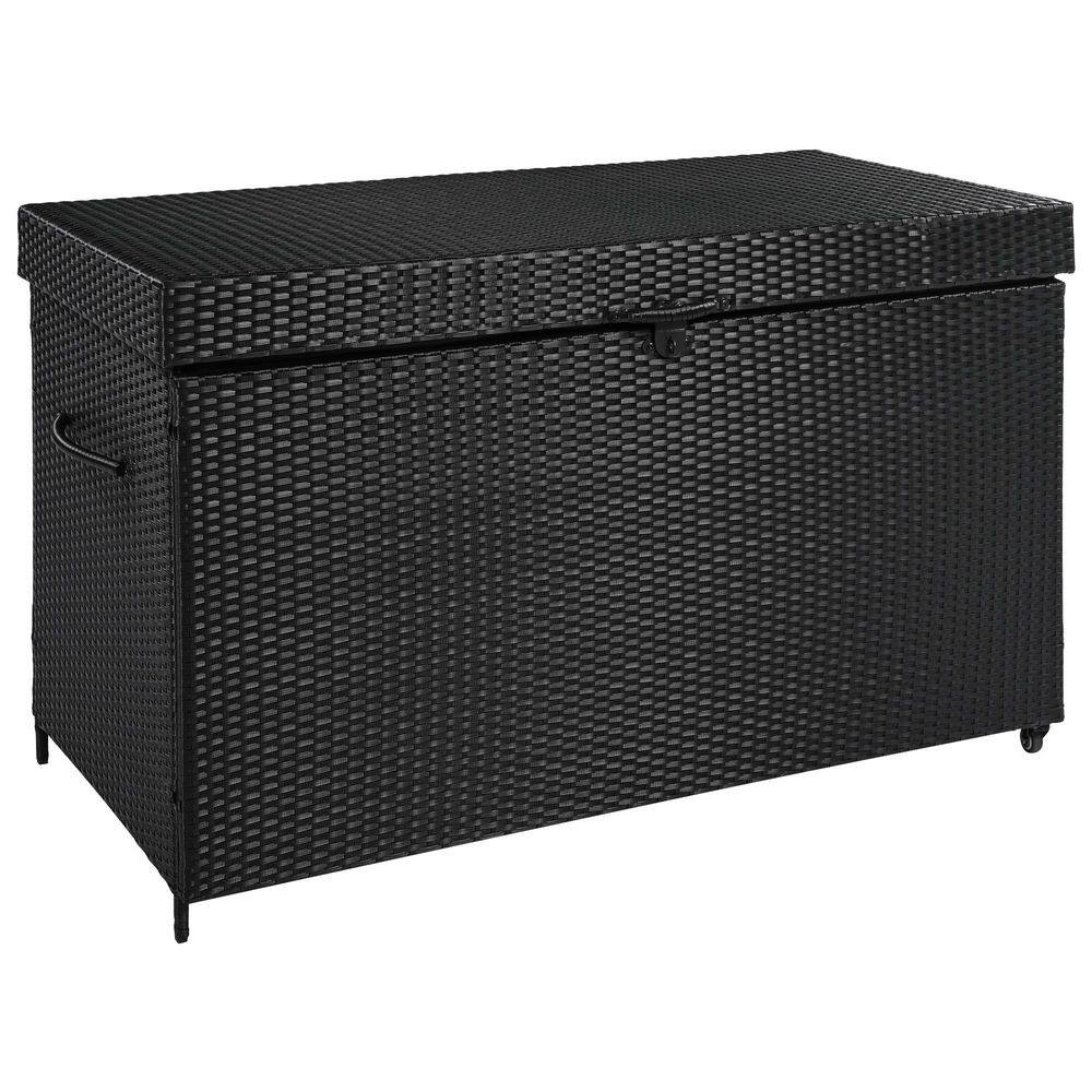 200 gal. Black Wicker Deck Box with Lockable Wheels, Outdoor Storage ...