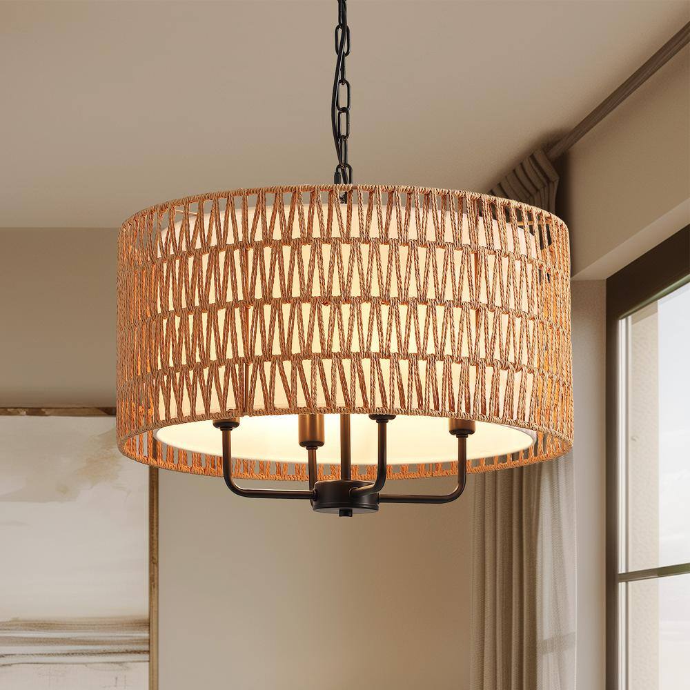 SILJOY 19.7 in. 4-Light Rattan Yellow Bohemin Chandelier for Foyer ...