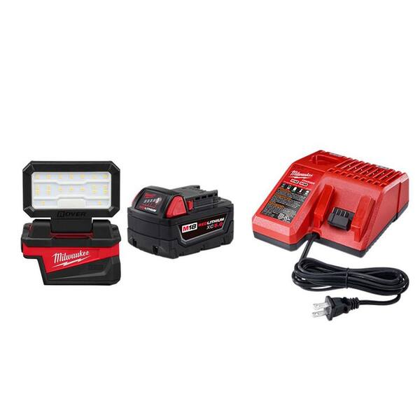 Milwaukee M18 18 Volt Lithium Ion Cordless 1000 Lumens ROVER Compact Folding Flood Light w 1 5Ah Battery Charger 2359 20 48 59 1850 The Home Depot