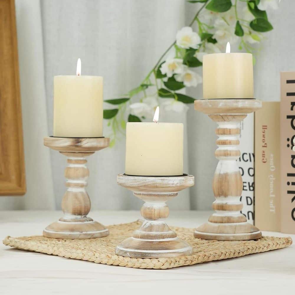 Rustic White Wood Pillar Candle Holder 3-Pack Z0D7Z1PS1C - The Home Depot
