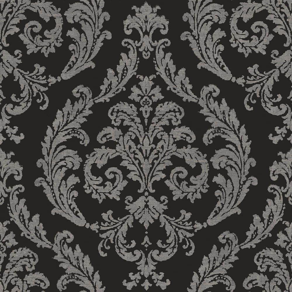 Palazzo 2 Collection Black/Silver Silk Damask Vinyl on Non-Woven Non-Pasted Wallpaper Sample ...