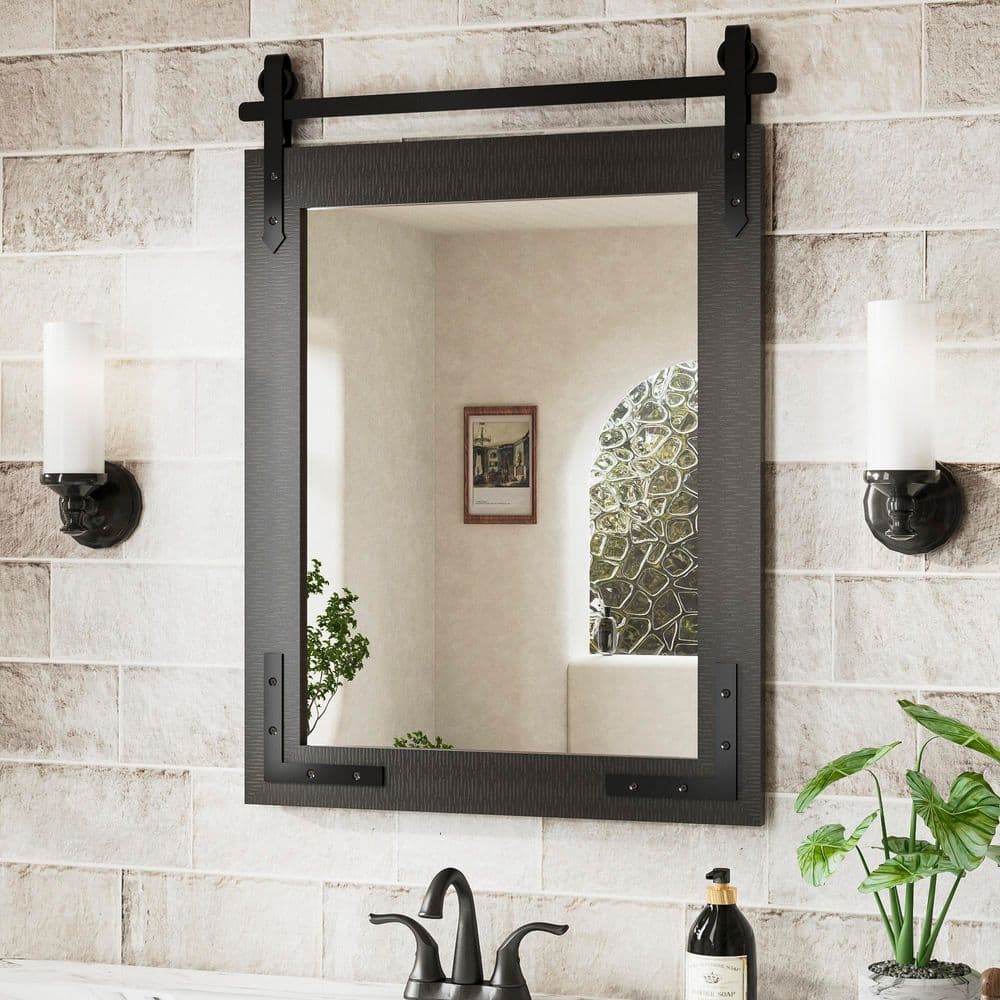 KeonJinn 20 in. W x 28 in. H Rectangular Barn Door Black Mirrors Wood ...